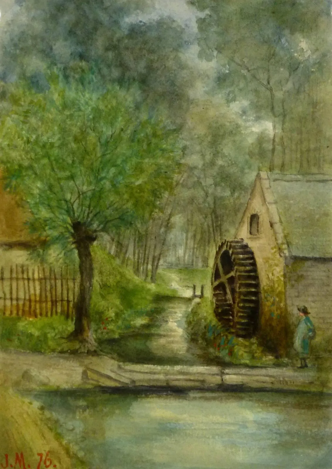 Antique Landscape Watercolor - Mill House Water Wheel | Chairish