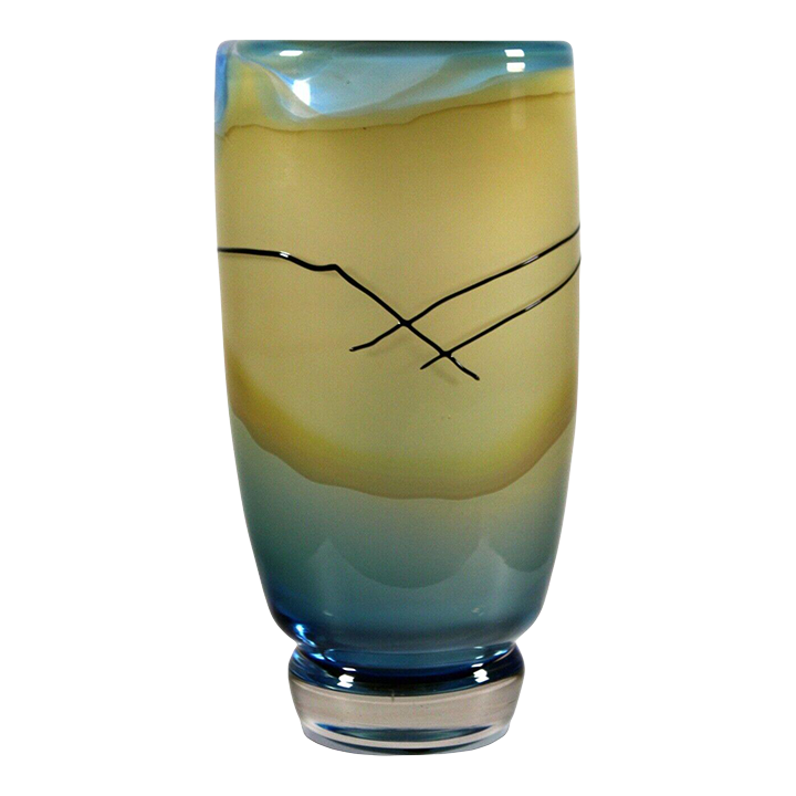 1986 Jack Schmidt Postmodern Studio Yellow & Blue Hand Blown Glass Vase ...