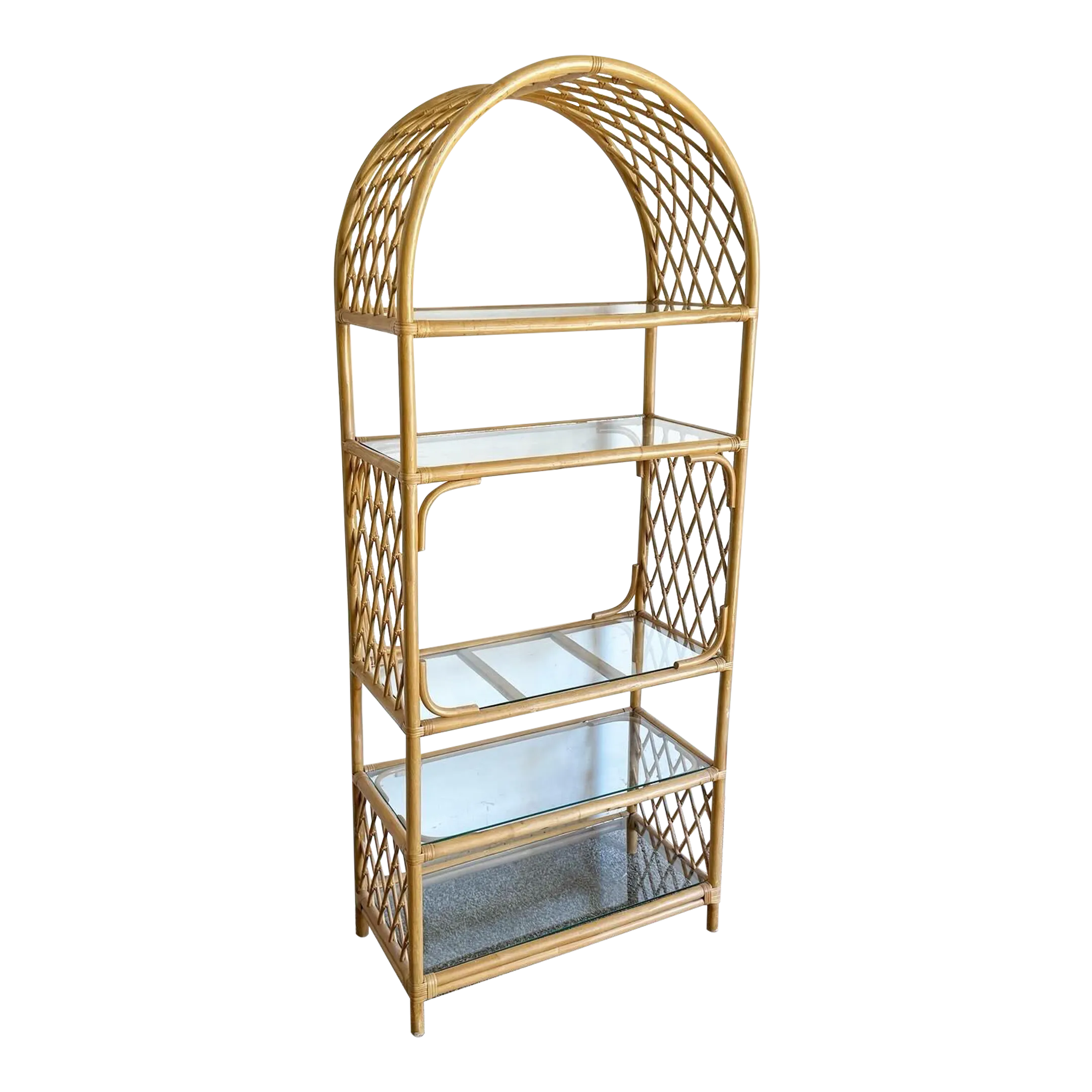 Boho Chic Arched Bamboo Rattan Etagere - 5 Shelves | Chairish