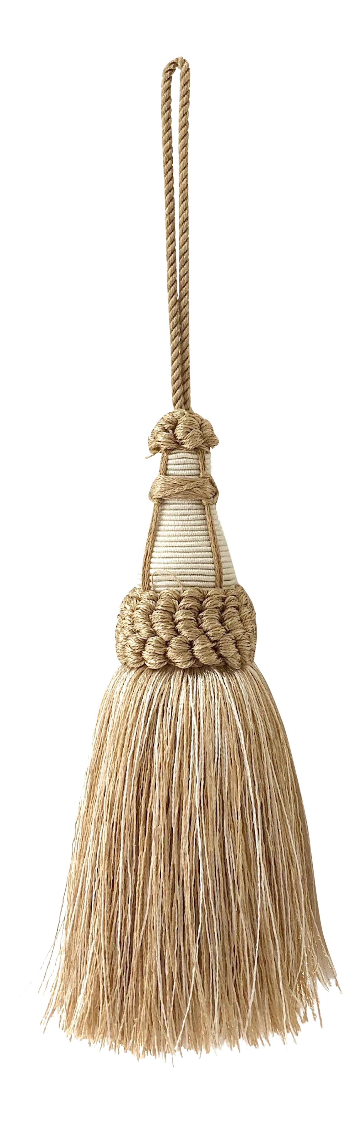 Tan and White Key Tassel With Looped Ruche Trim | Chairish