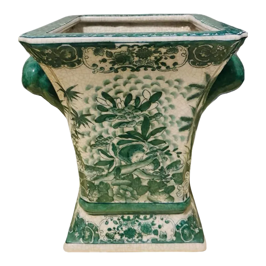 1970s Green Ceramic Chinoiserie Cachepot | Chairish