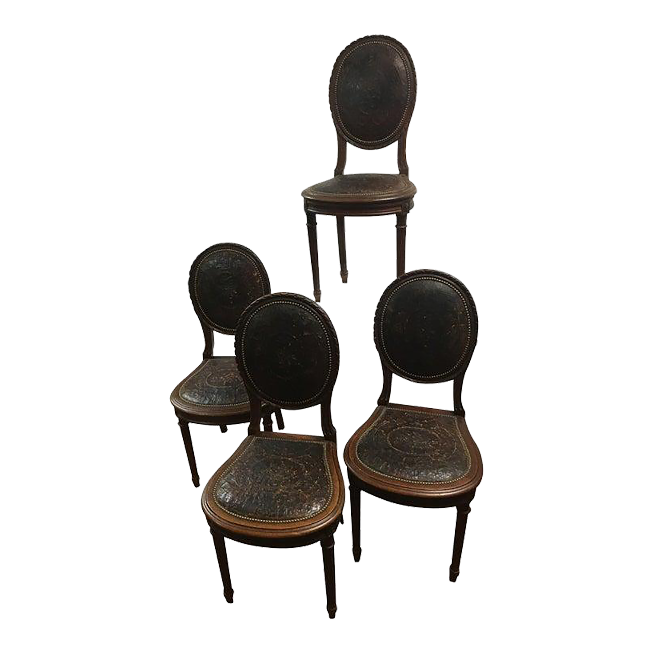 Napoleon III Set of Four Oak Embossed Leather Covered Chairs W/ Brass ...