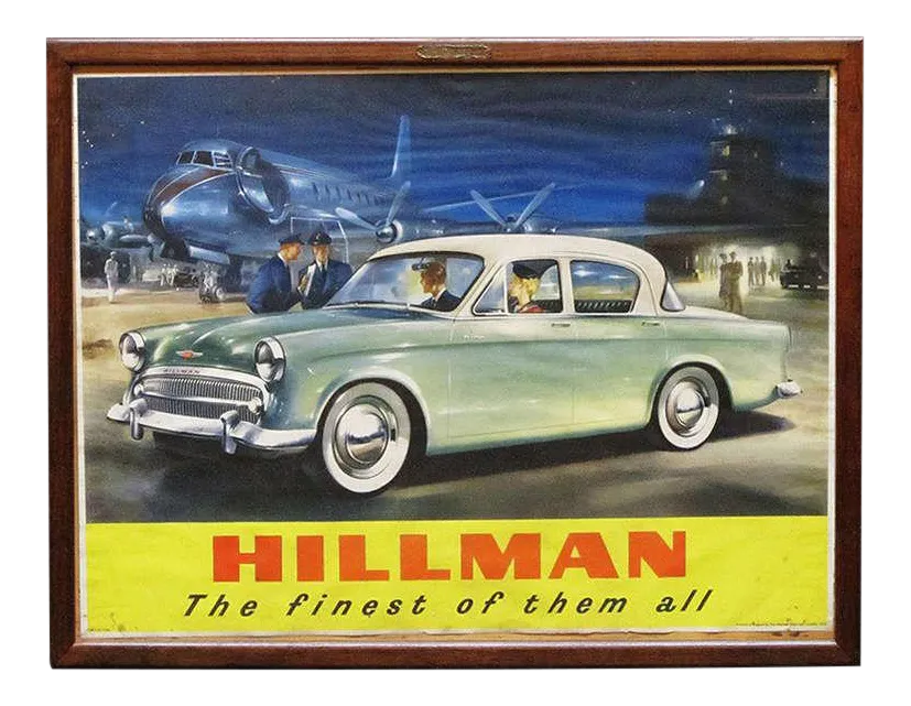 Large English Hillman Car Print, Framed Under Glass | Chairish