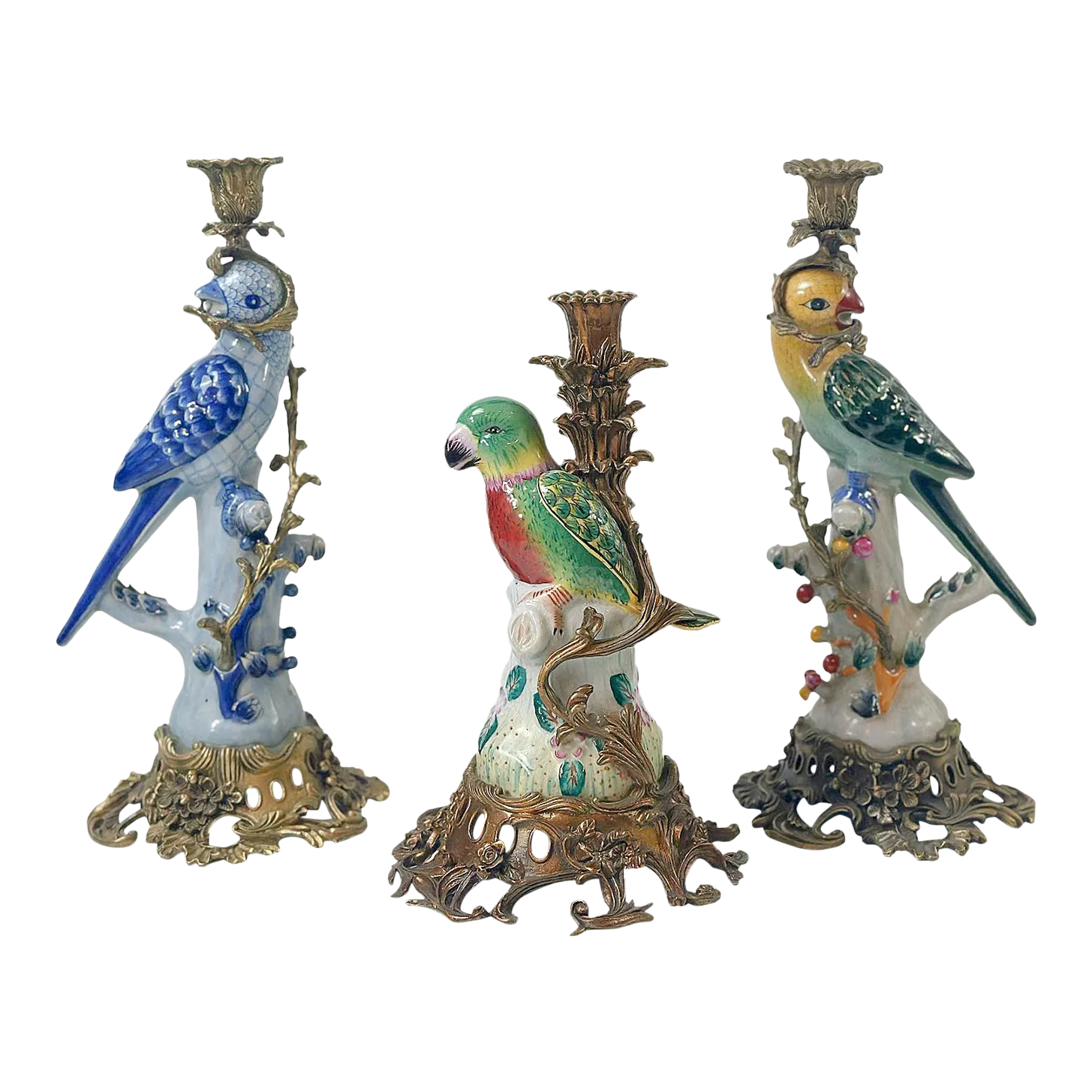 Late 20th Century Porcelain & Ormolu Parrot Candlesticks - Set of 3 ...