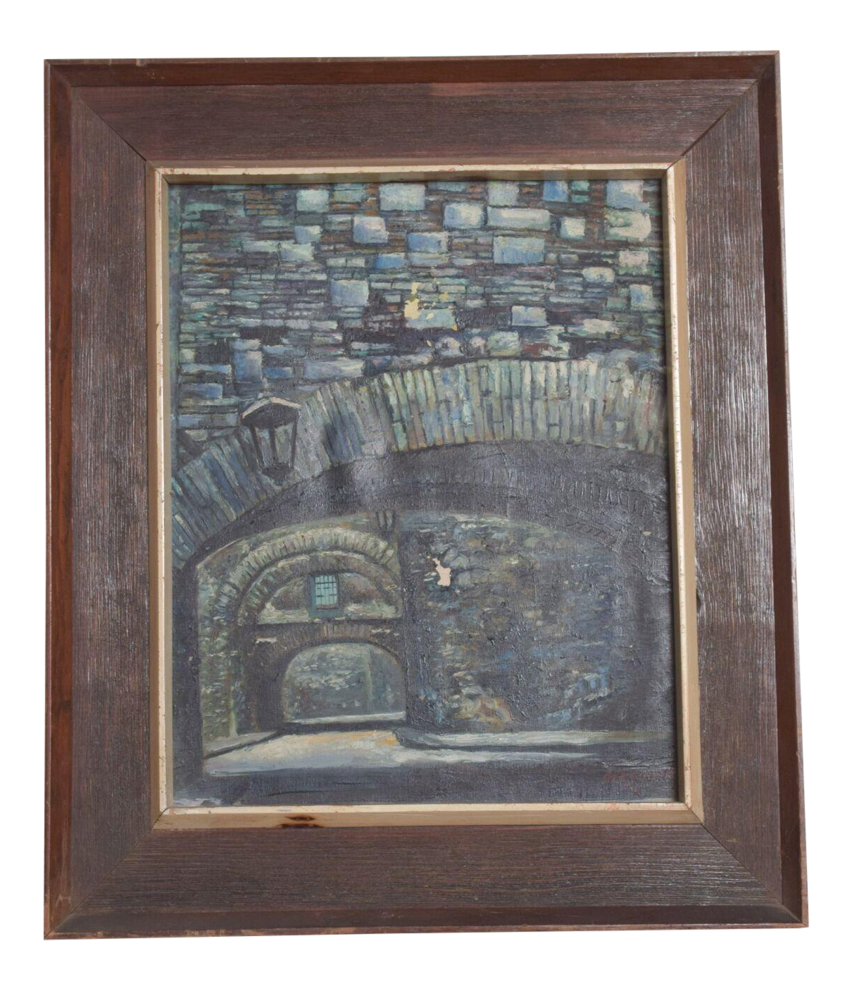 Vintage Architectural Art Oil Painting Canvas Stone Arch Bridge 1970s ...