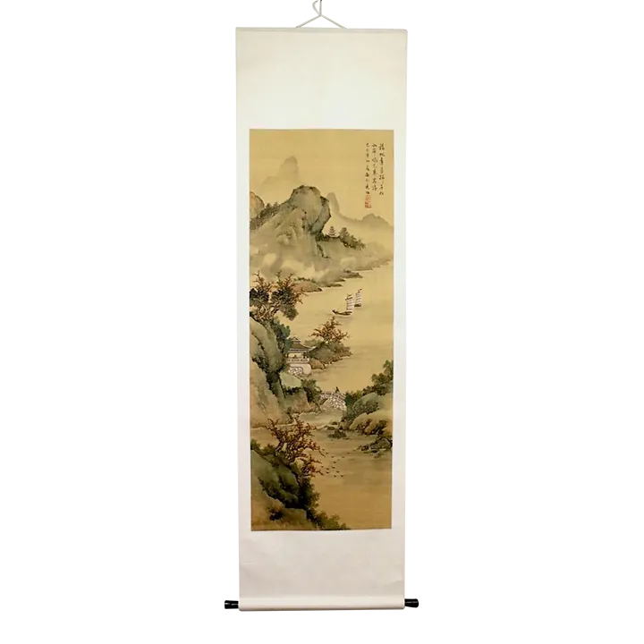 Vintage Mountain and River Chinese Landscape Scroll Painting, Shan Shui ...