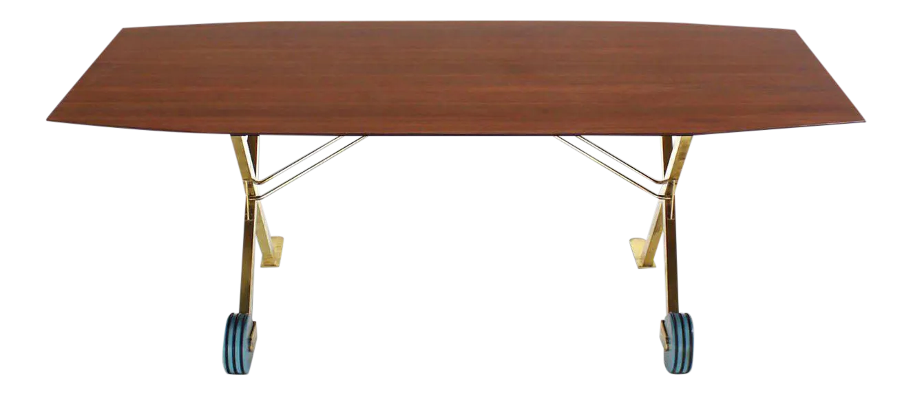 Mid-Century Modern Brass X Base on Wheels Dining Table | Chairish