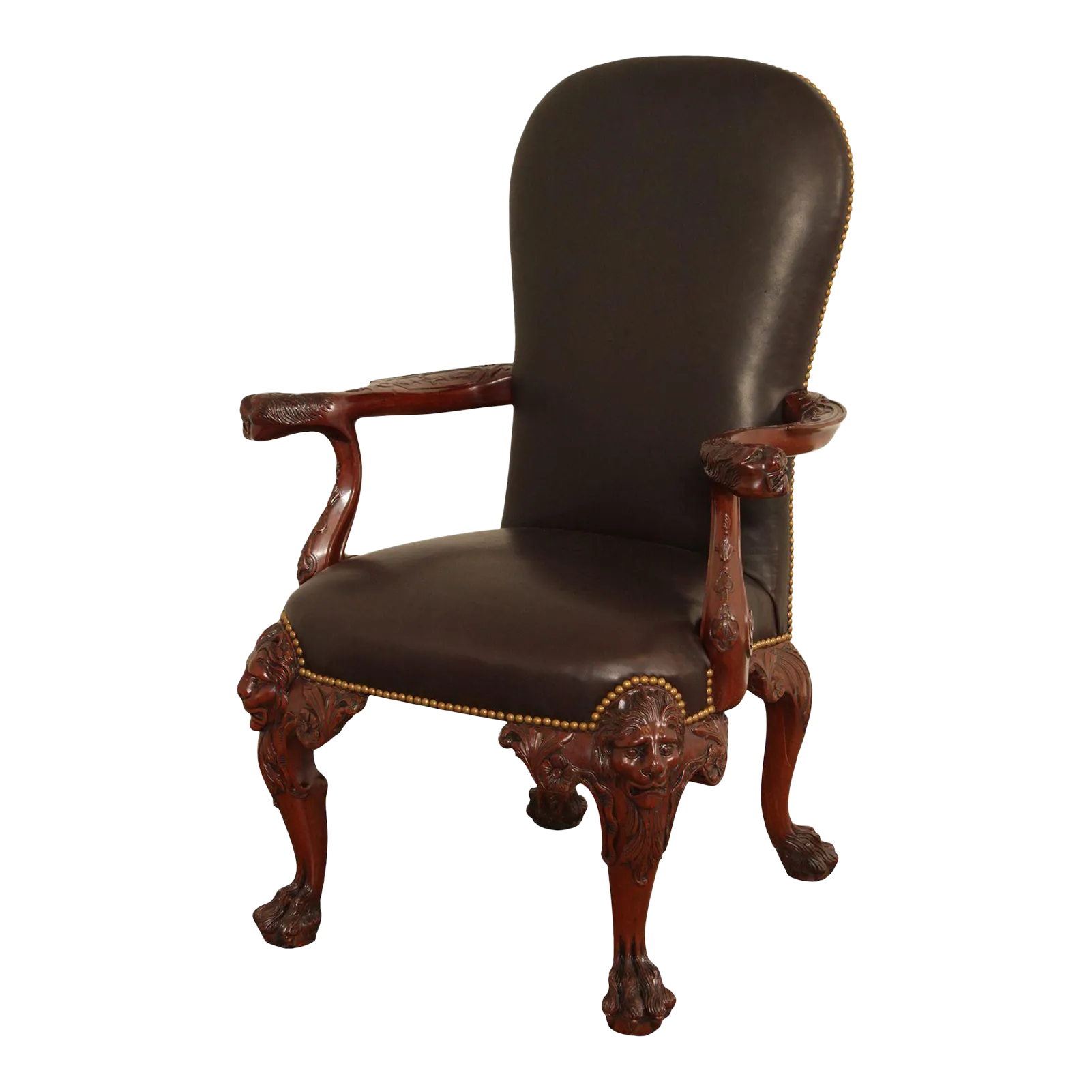 Maitland Smith Georgian Style Lion-Carved Leather Armchair | Chairish