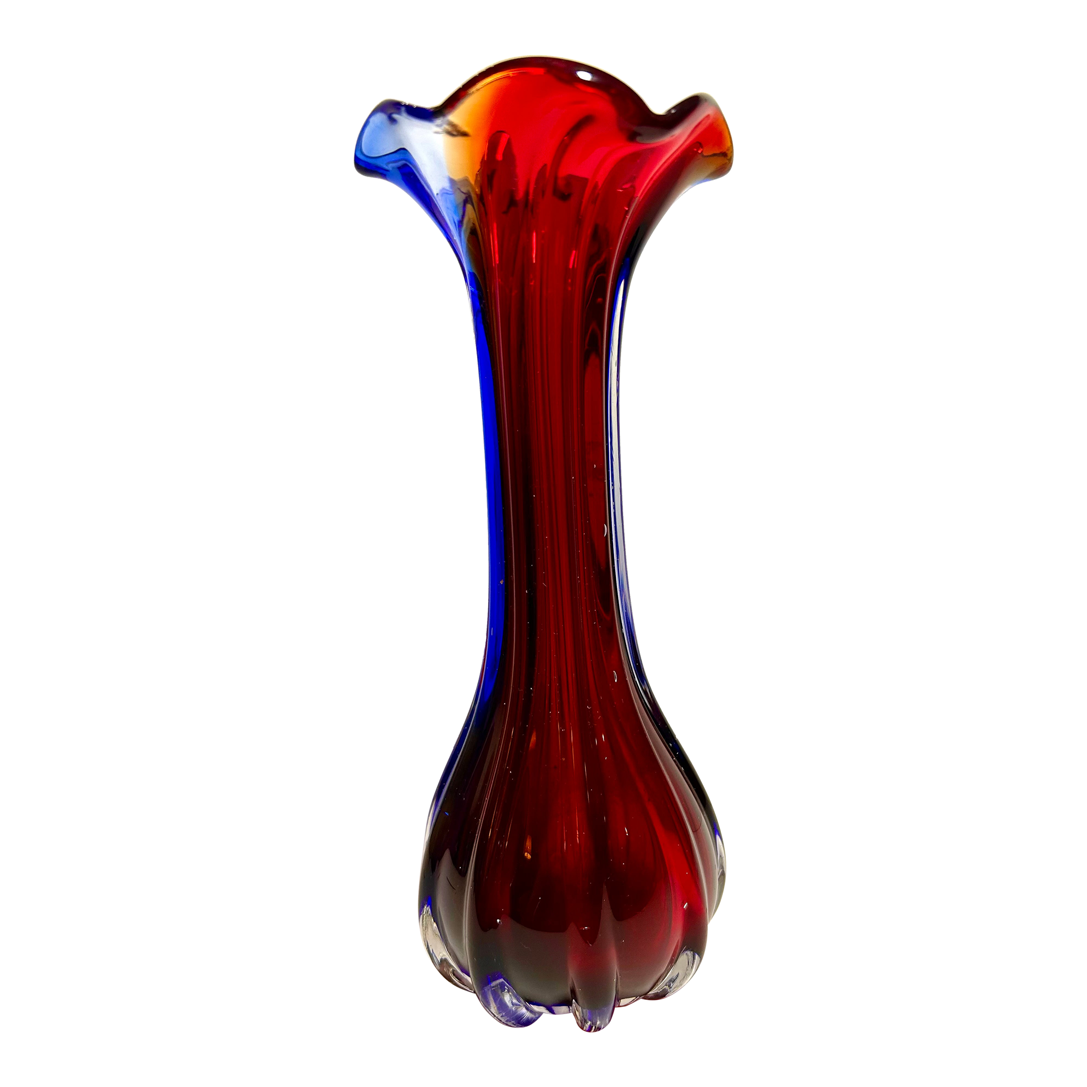 Vintage Jewel-Tone Red-Blue Split-Color Murano Style Bud Vase | Chairish