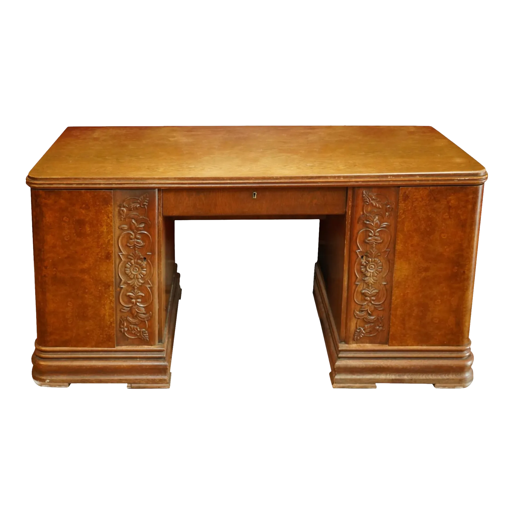 Antique English Art Deco Writing Desk With Burled Veneer Floral Carving Accents C. 1920 1940 Refinished Top Chairish