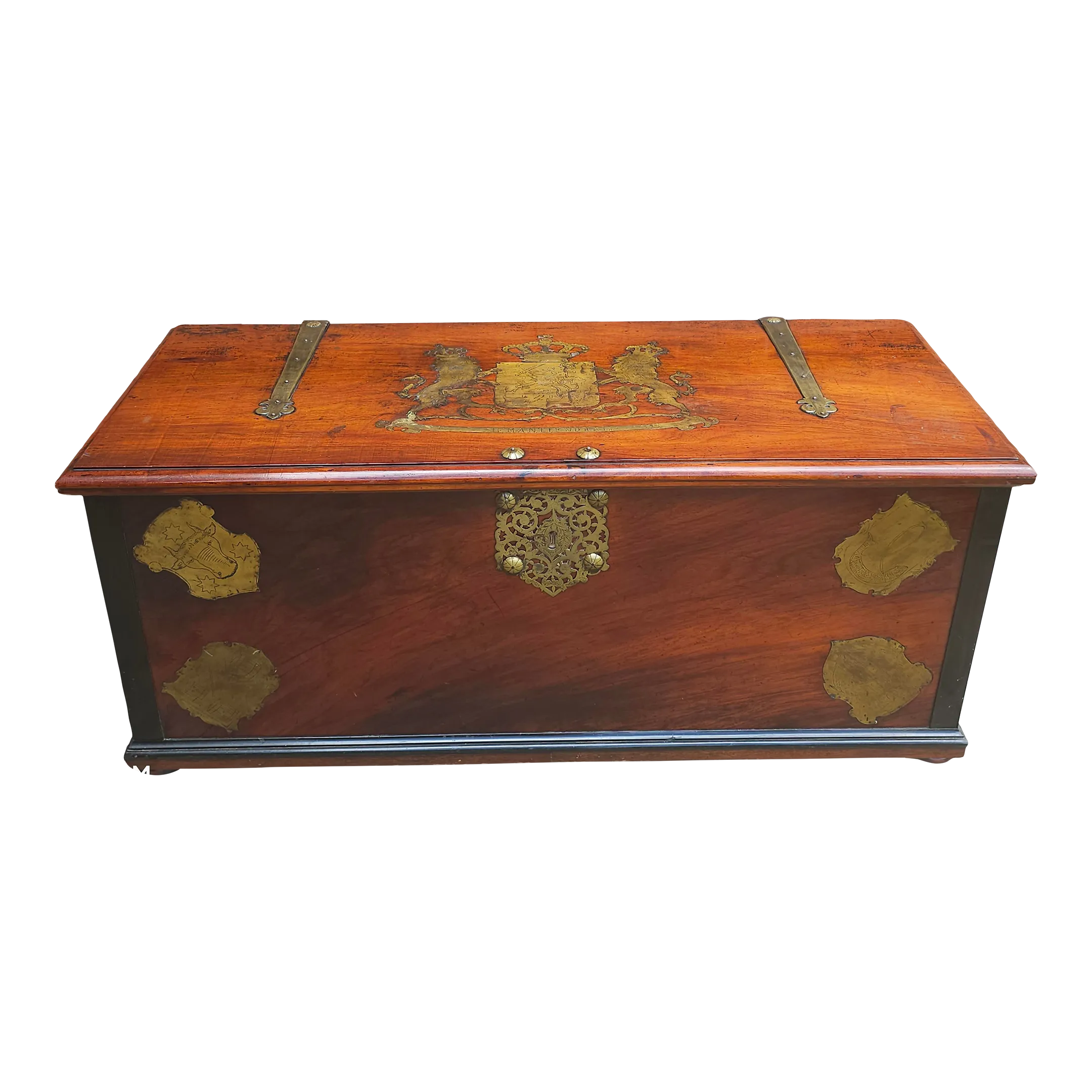 Early 20th C. Royal Dutch Brass Inlaid Coat of Arms Teak Large Storage ...