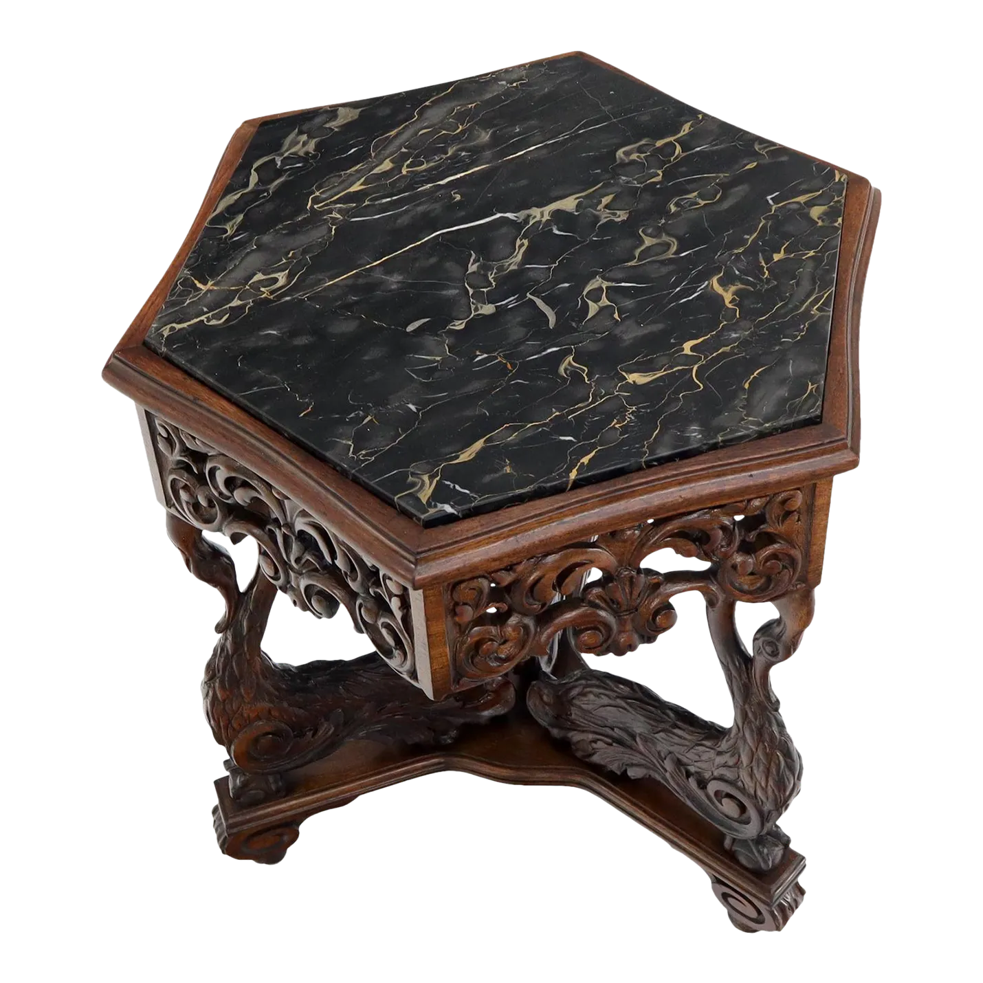 Heavily Pierce Carved Walnut Hexagon Marble Top Swann Bird Motive Stand ...