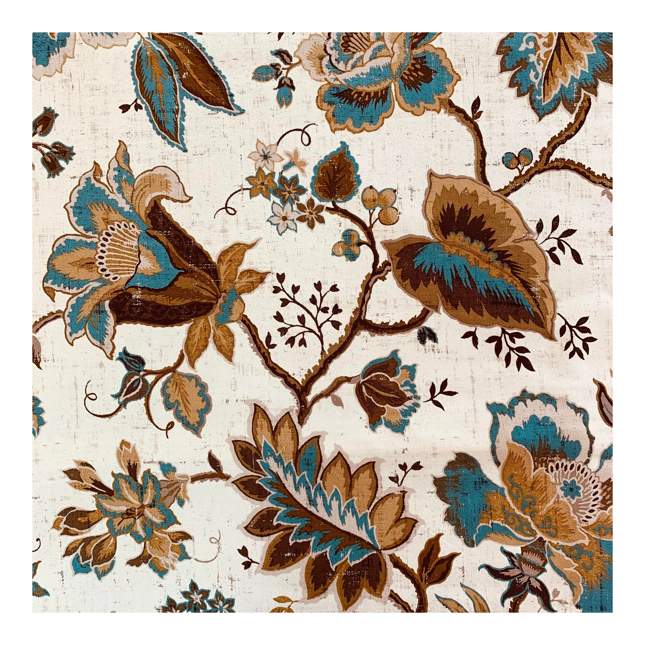P Kaufmann Waverly Brown Cream Teal Tan Botanical Jacobean Leaf Vine Fabric Sample | Chairish