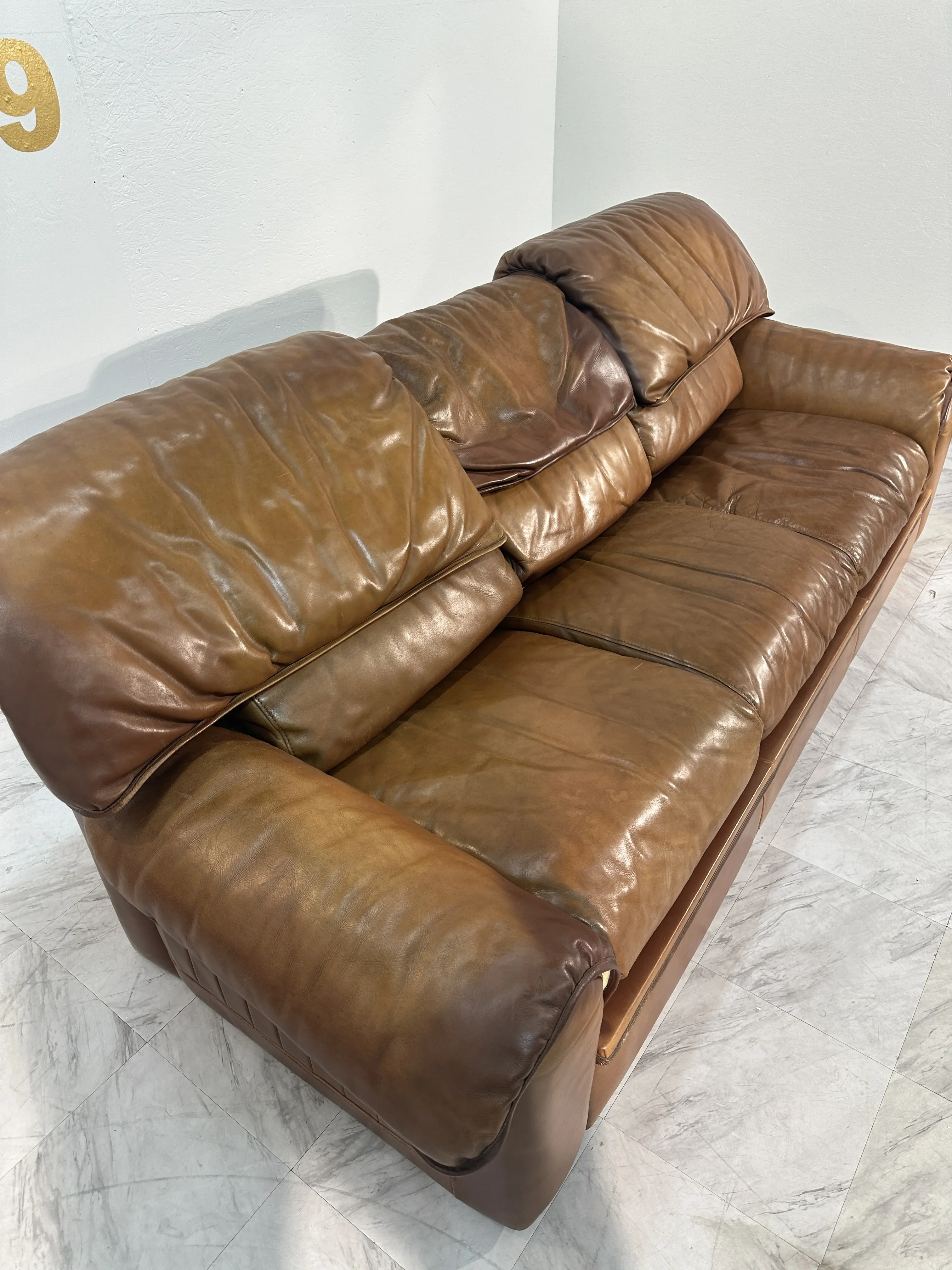 Roche Bobois Vintage Sofa in Light Brown Leather 1980s