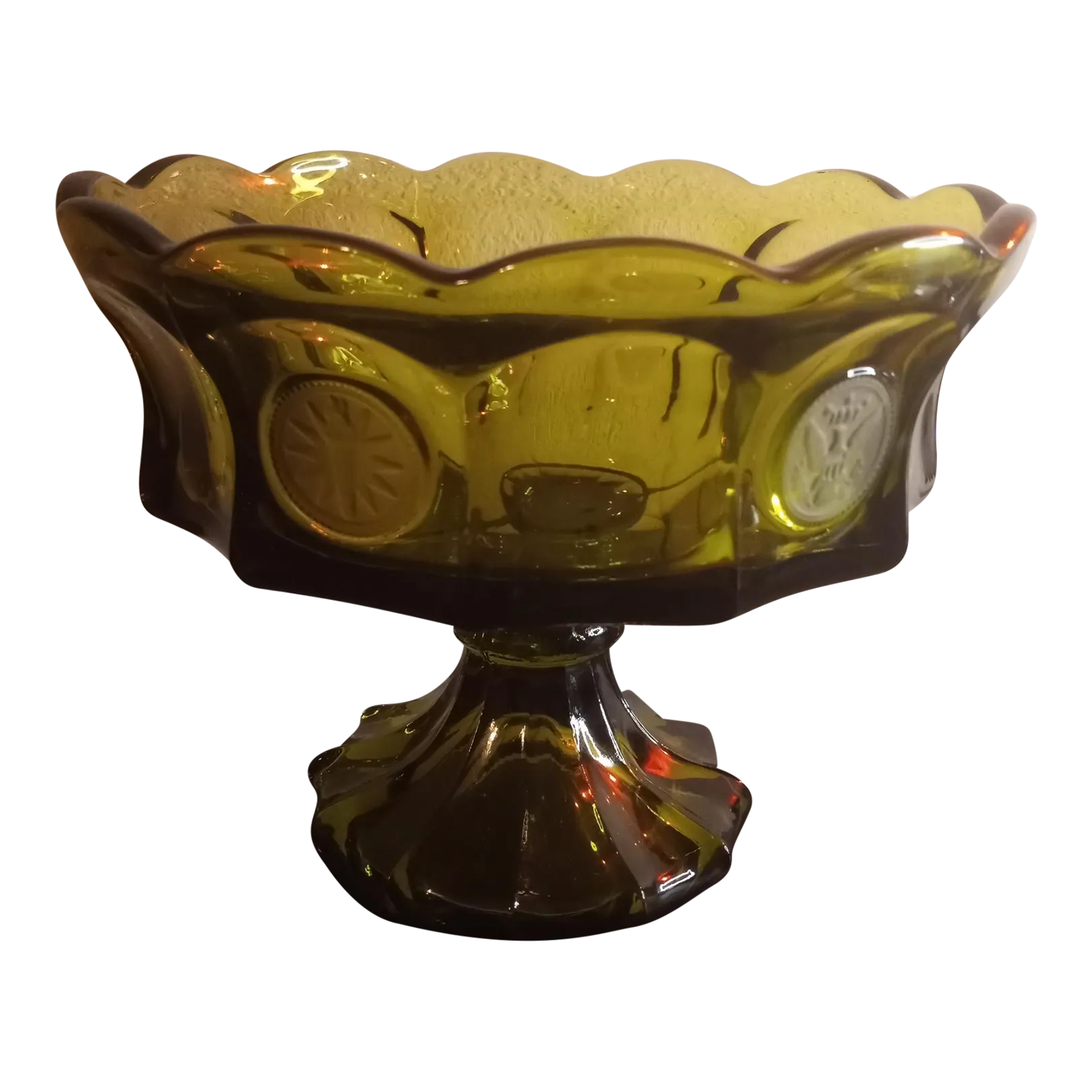 1960s Vintage Fostoria Coin Glass Green Large Pedestal Bowl | Chairish