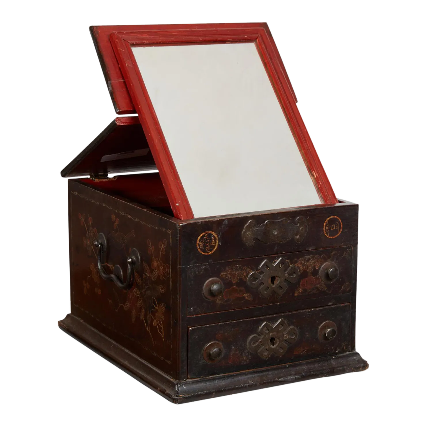Antique Chinese Black Chinoiserie & Red Lacquer Mirrored Vanity Box ...