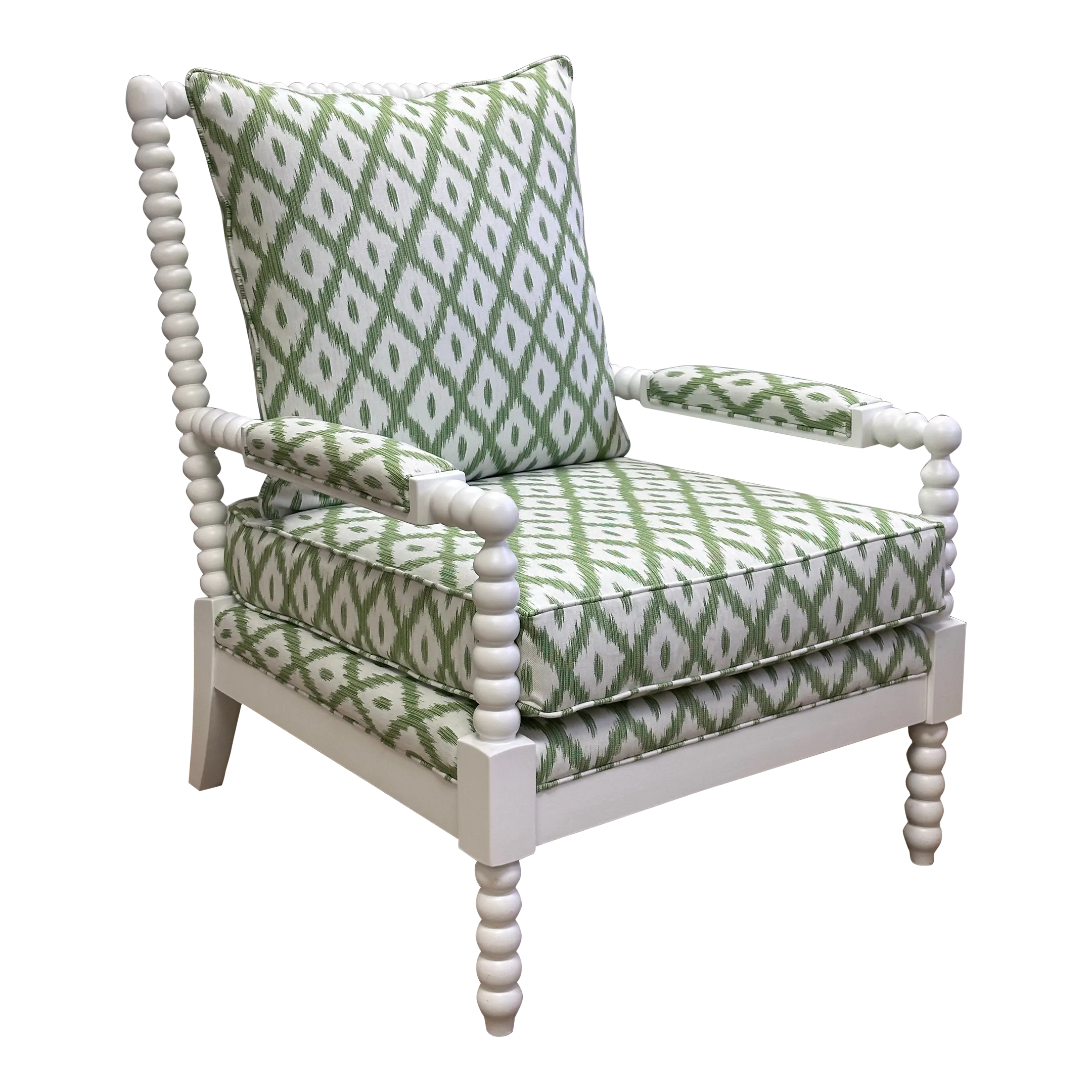 White Bobbin Chair With Green & White Kravet Upholstery | Chairish