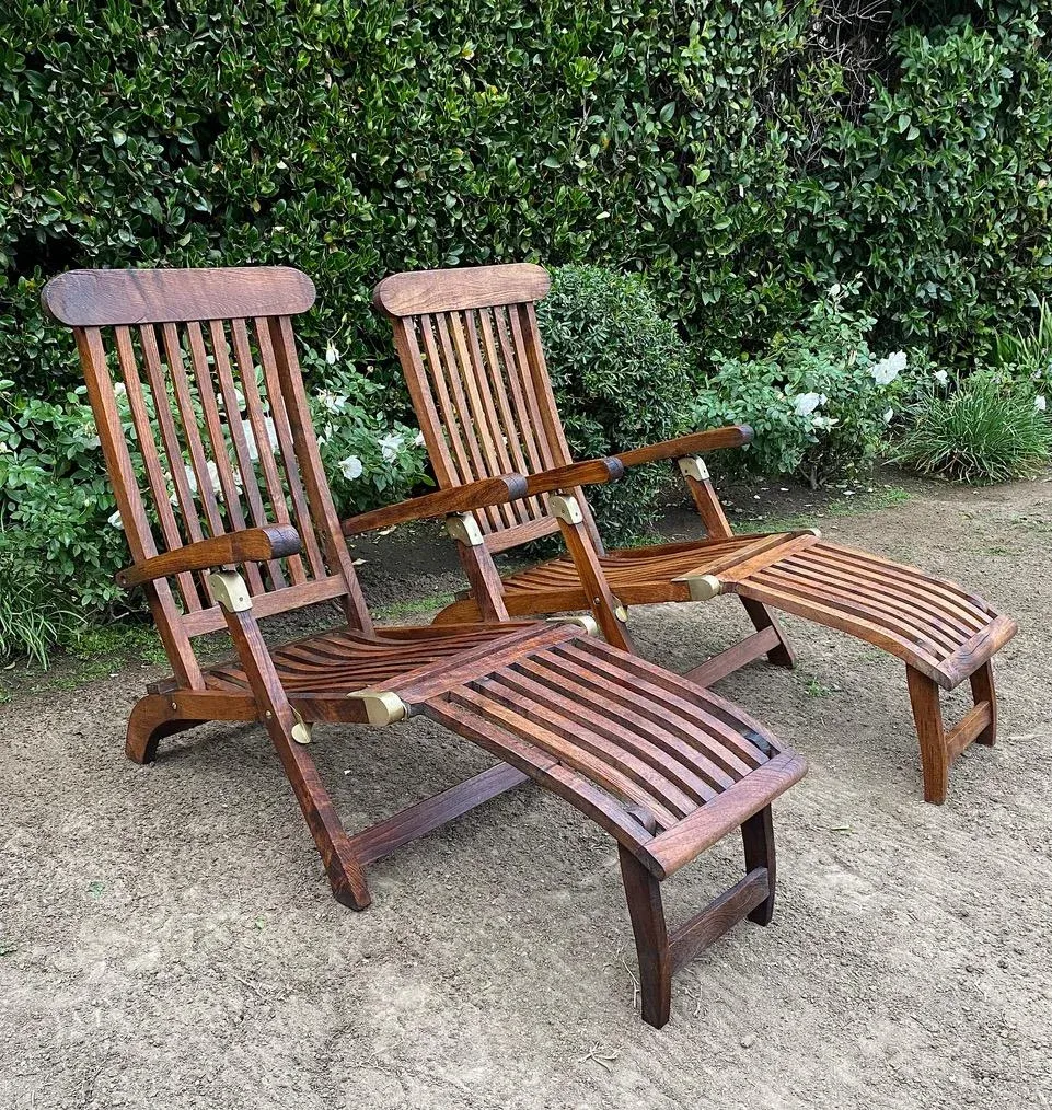 Vintage Teak Folding Steamer Lounge Chairs and Footrests Set of 2