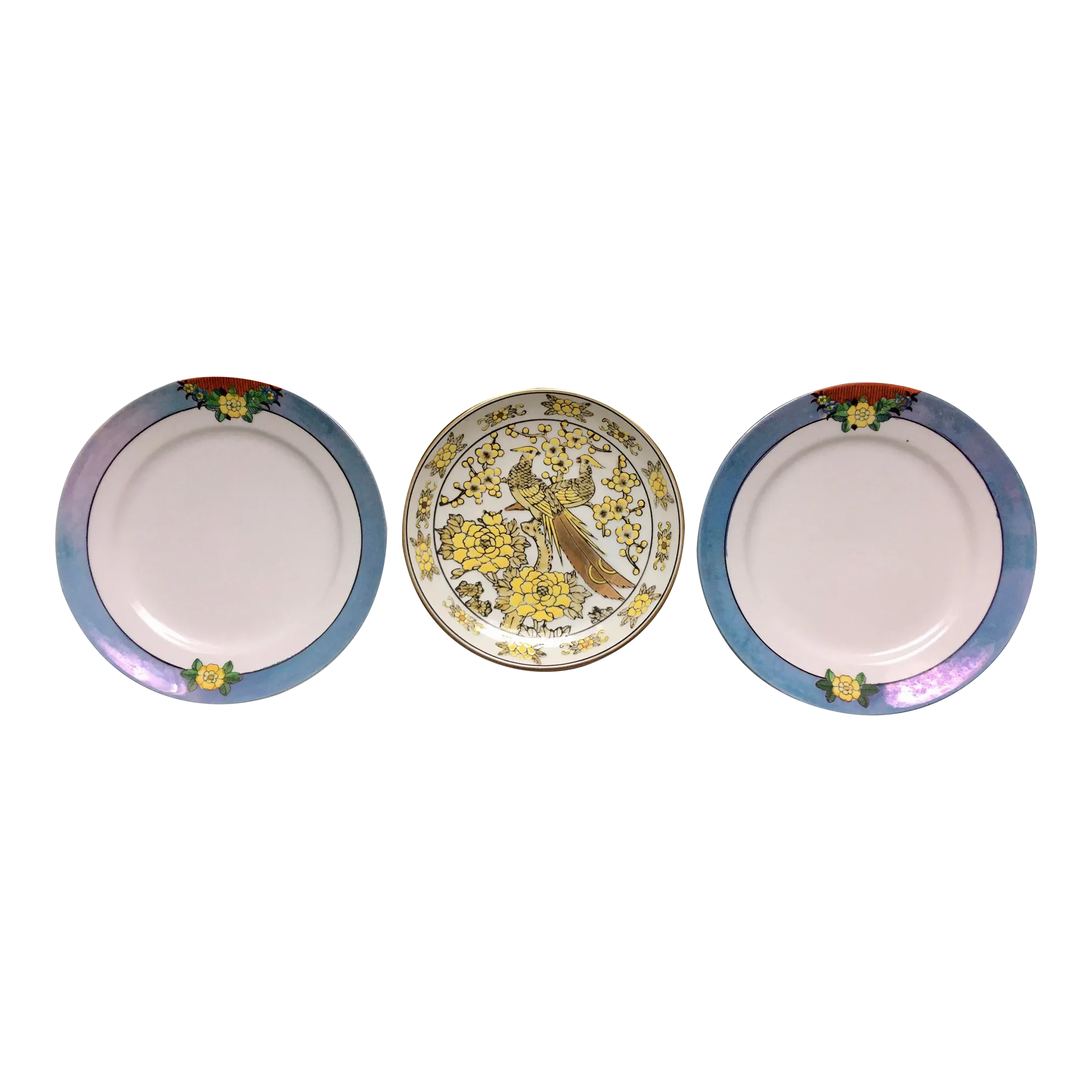 Vintage Blue & Yellow Decorative Plate Trio | Chairish
