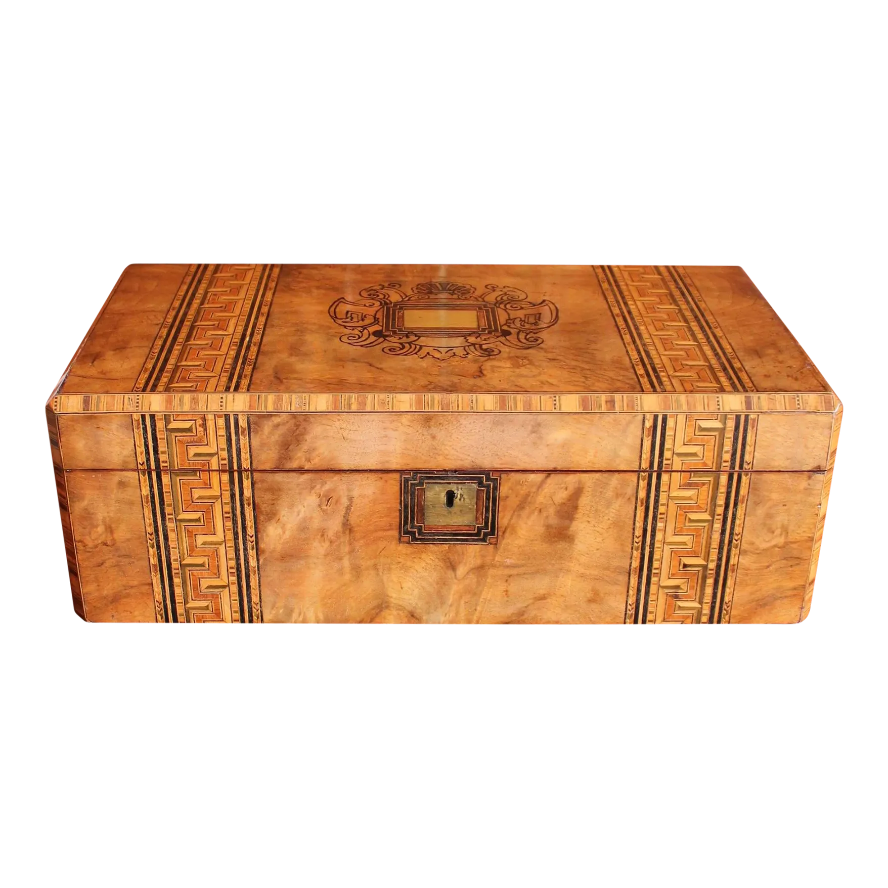 Large Tunbridge Ware Burl Walnut Box With Cartouche | Chairish