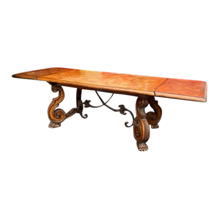 Large Oak Spanish Renaissance Style Large Dining Kitchen Table 2 Leafs ...