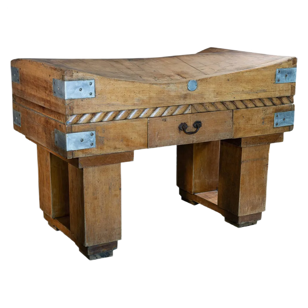 French Butcher's Block on Original Stand in Brown Beech, Early 20th ...