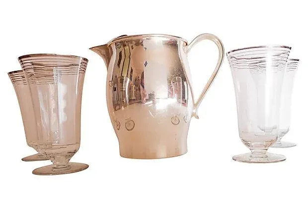 Silver Plate Pitcher and Glasses - Set of 5 | Chairish