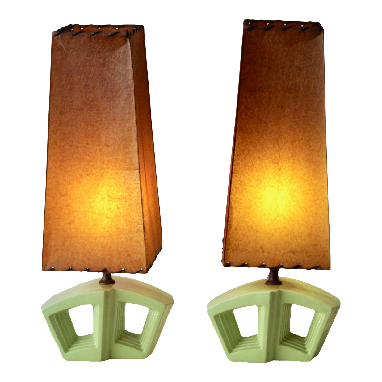 1950s Vintage Green Double Keyhole Ceramic Lamps With Original Shades ...
