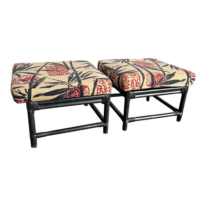 Boho Chic Rattan and Wicker Ottomans/Foot Stools - a Pair | Chairish