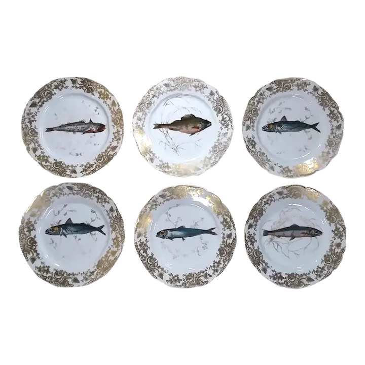 Cfh Gdm Haviland Limoges Fish Plates Hand Painted Set of 6 Gilt-Edge ...