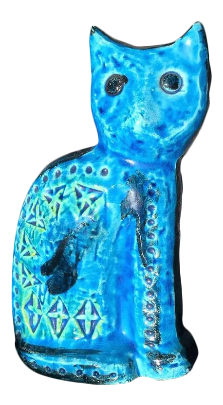 Bitossi Double Sided Turquoise Blue Ceramic Cat | Chairish