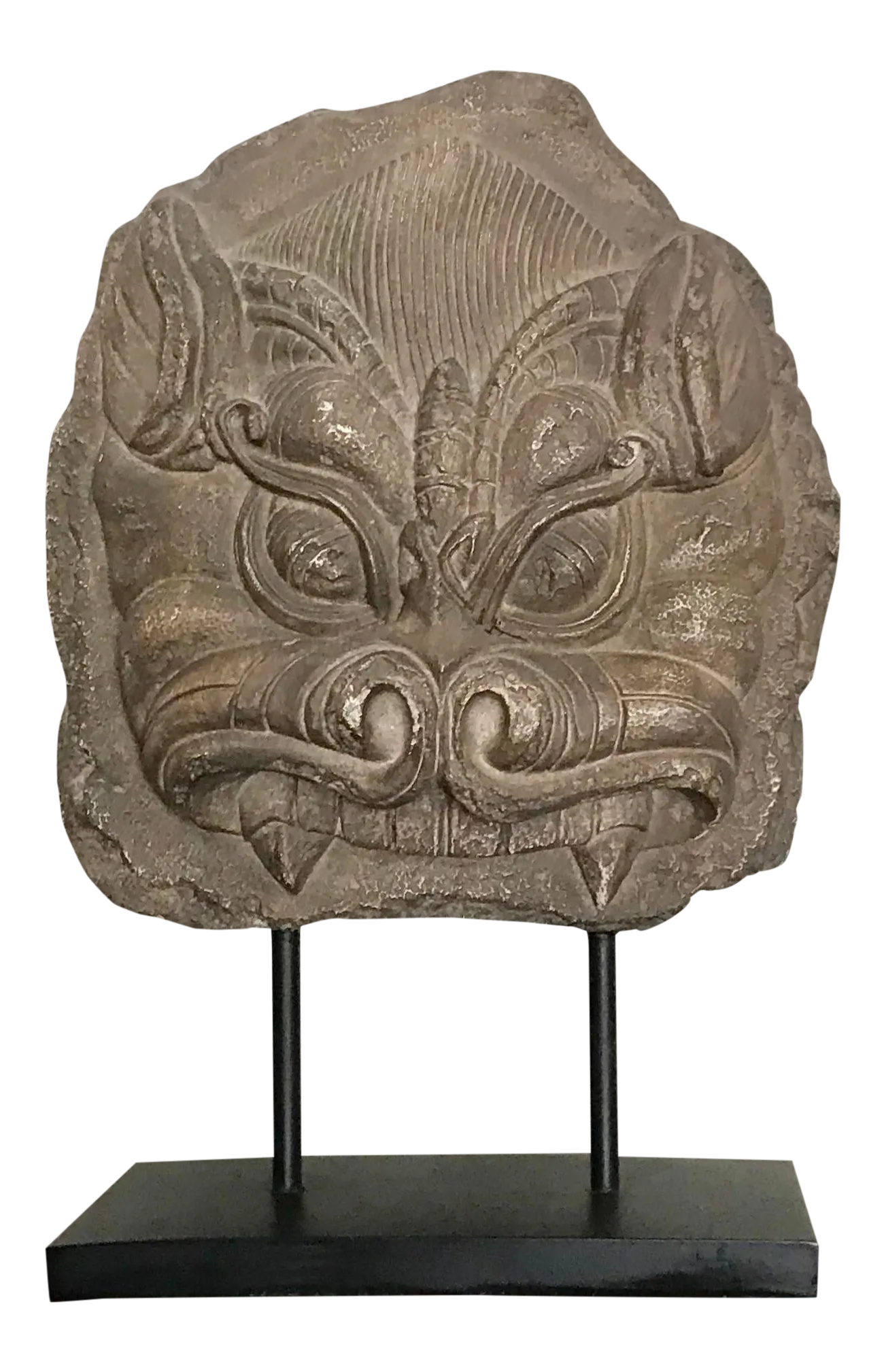 Asian Spirit Mask on Black Wooden Stand | Chairish