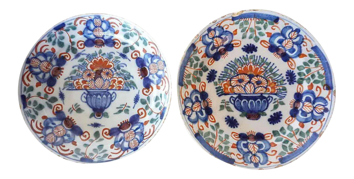 Dutch Delft Pottery Urn and Flower Plates - A Pair | Chairish