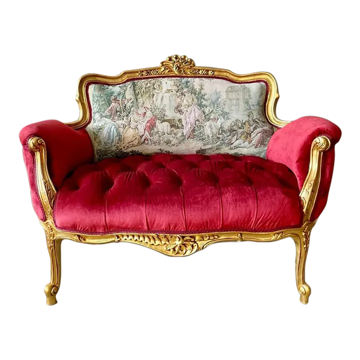 French Rococo Style Red Settee with Gold Leaf | Chairish