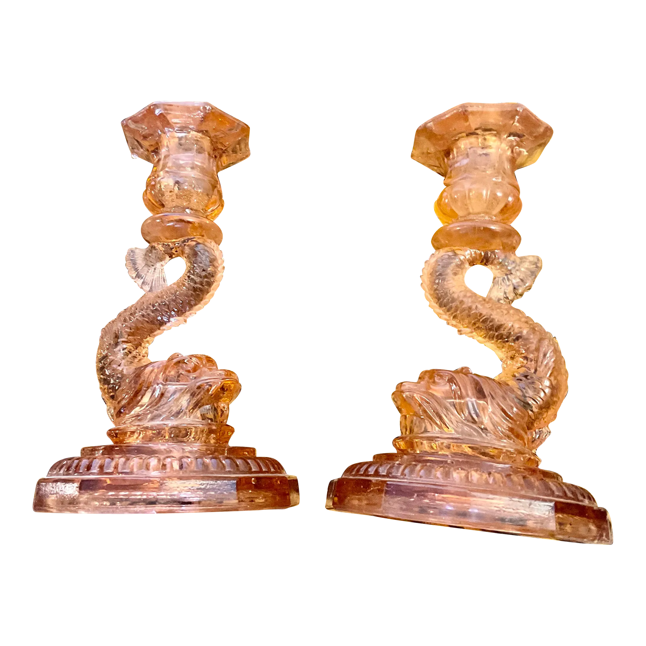 Antique Pink Glass Dolphin Candlesticks,pr | Chairish