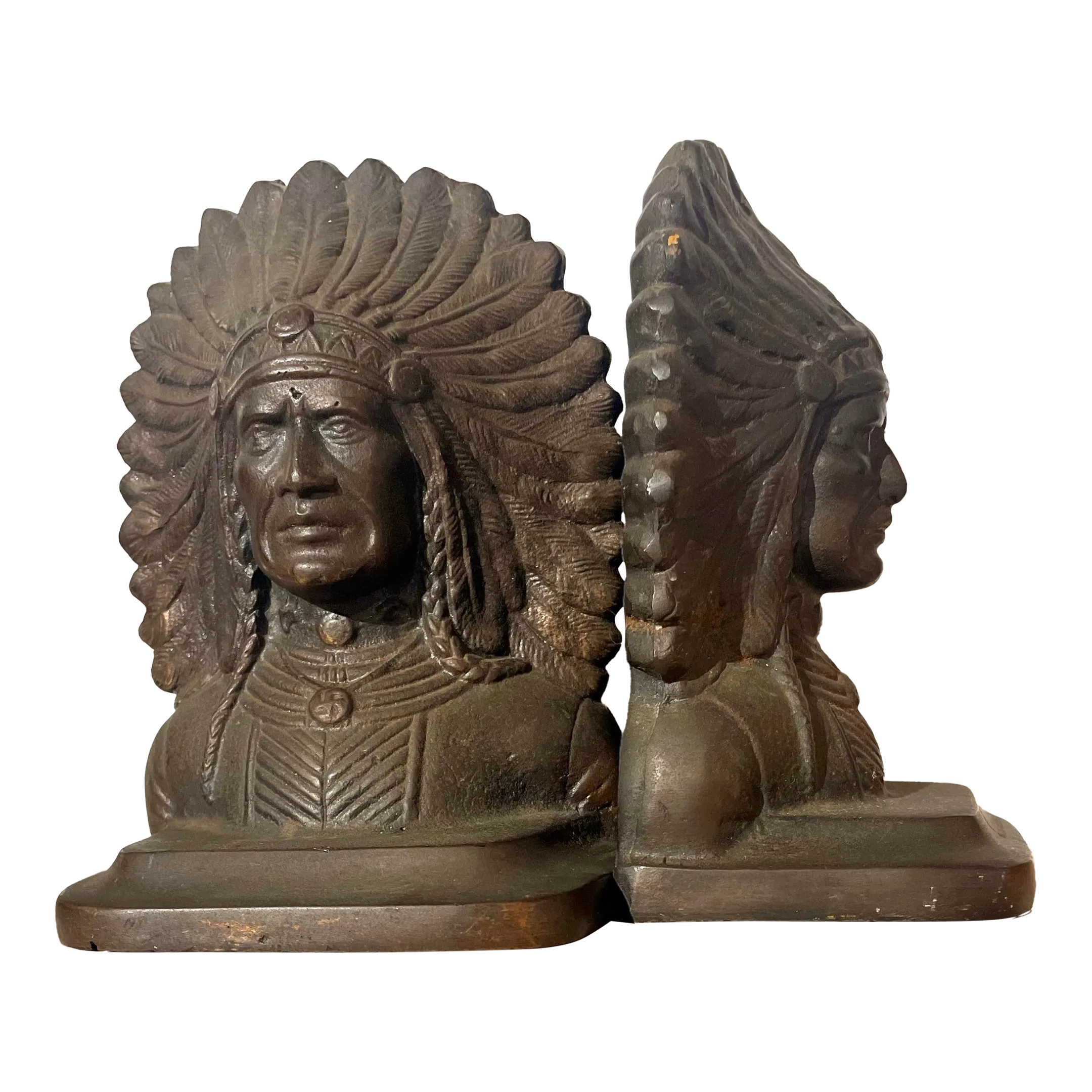 Vintage Solid Bronze Native American Chief Bust Bookends- a Pair | Chairish