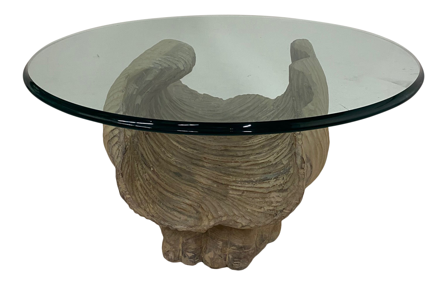Italian Carved Wood Shell Base Coffee Table With Round Glass Top | Chairish