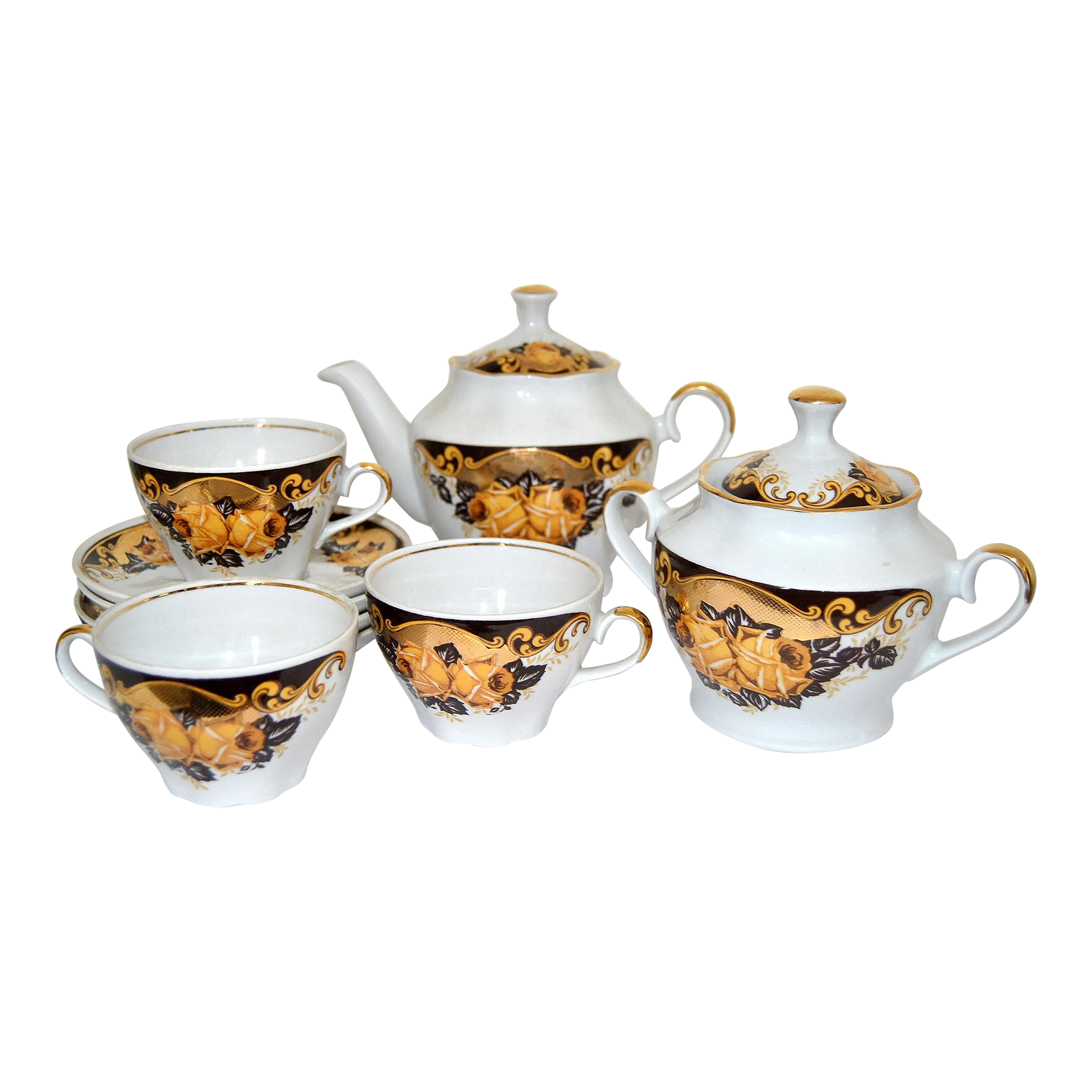 Napoleon III-Style Porcelain Tea Set With Gilded Roses- 9 Pieces | Chairish