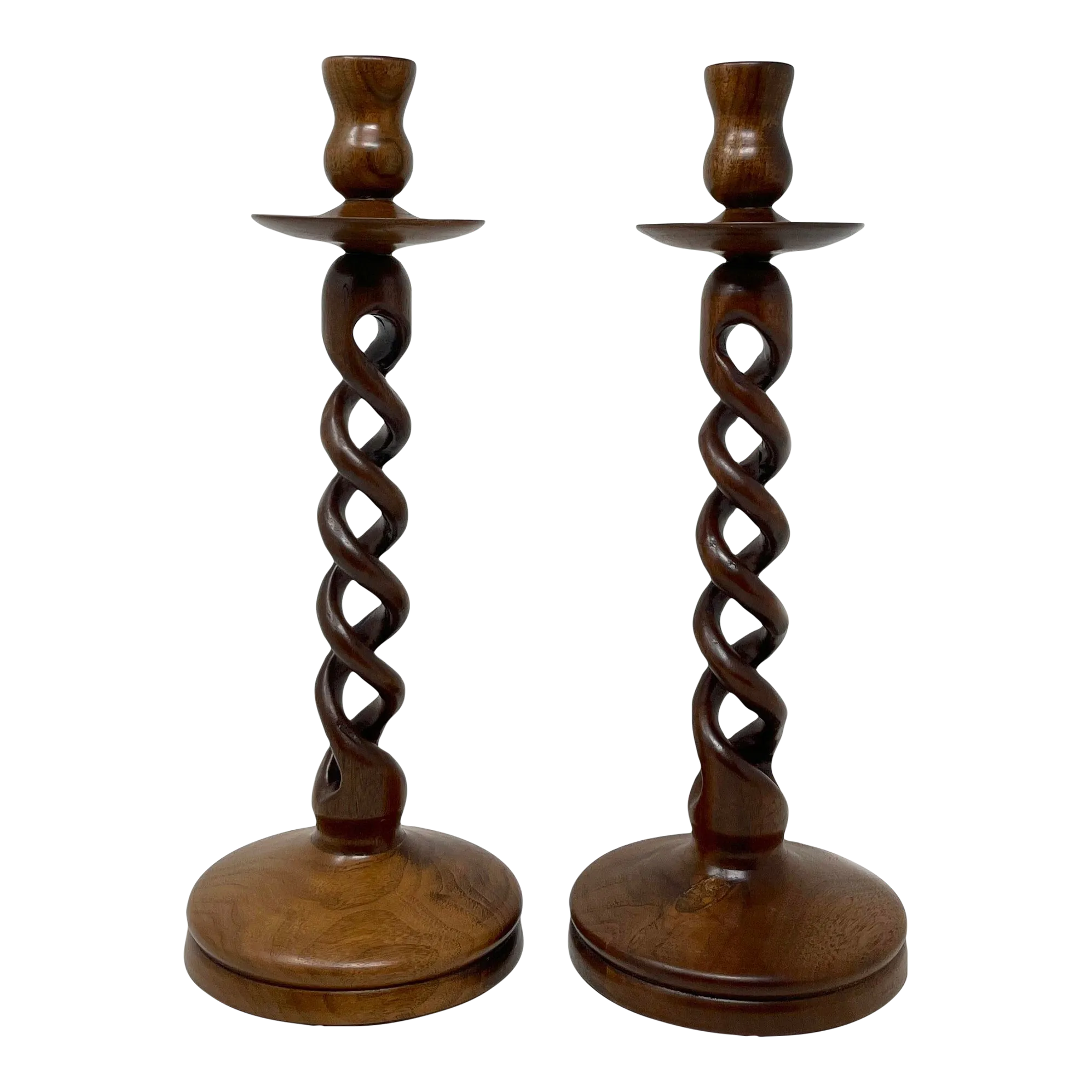 Pair of Early 20th Century Hand Carved Wood Barley Twist Candlesticks ...
