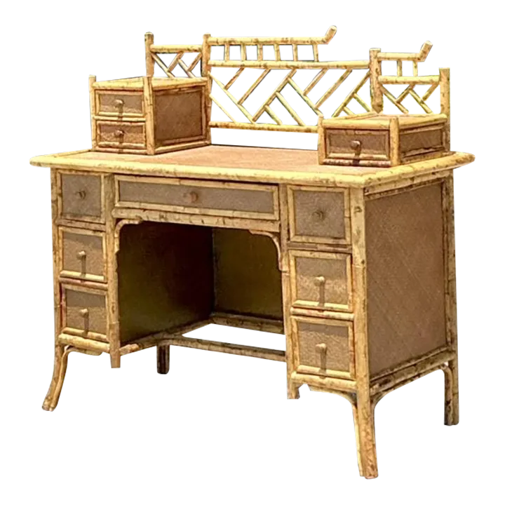 Vintage Coastal Chinese Chippendale Woven Rattan Vanity | Chairish