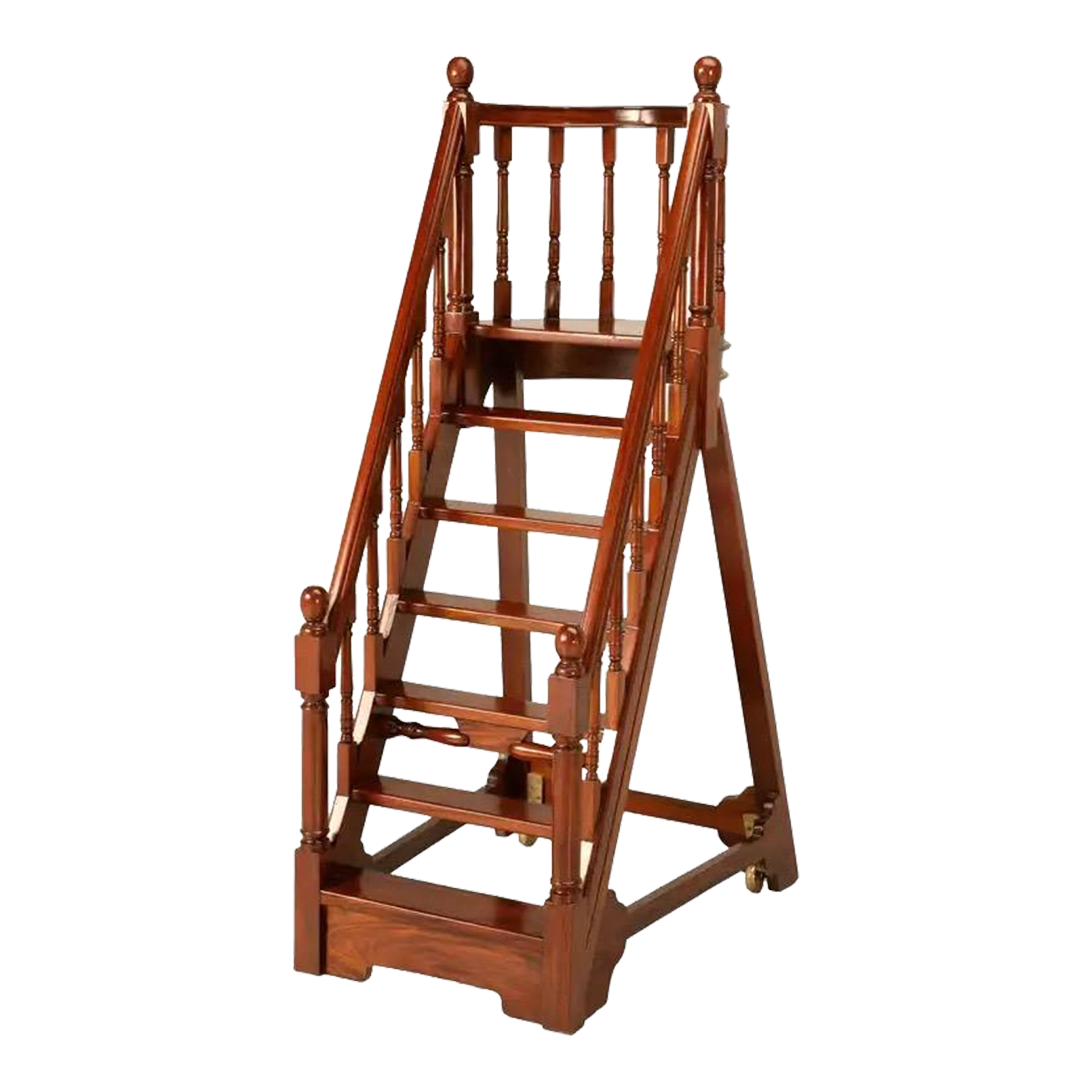 Vintage Mahogany Library Steps With Railings, Casters and Landing ...
