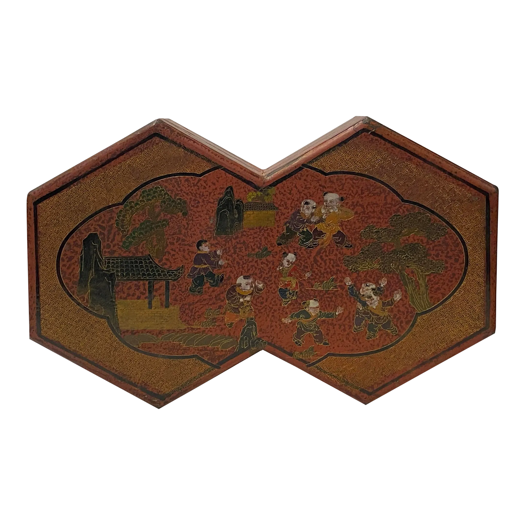 Chinese Distressed Brown People Graphic Rectangular Decagon Shape Box ...