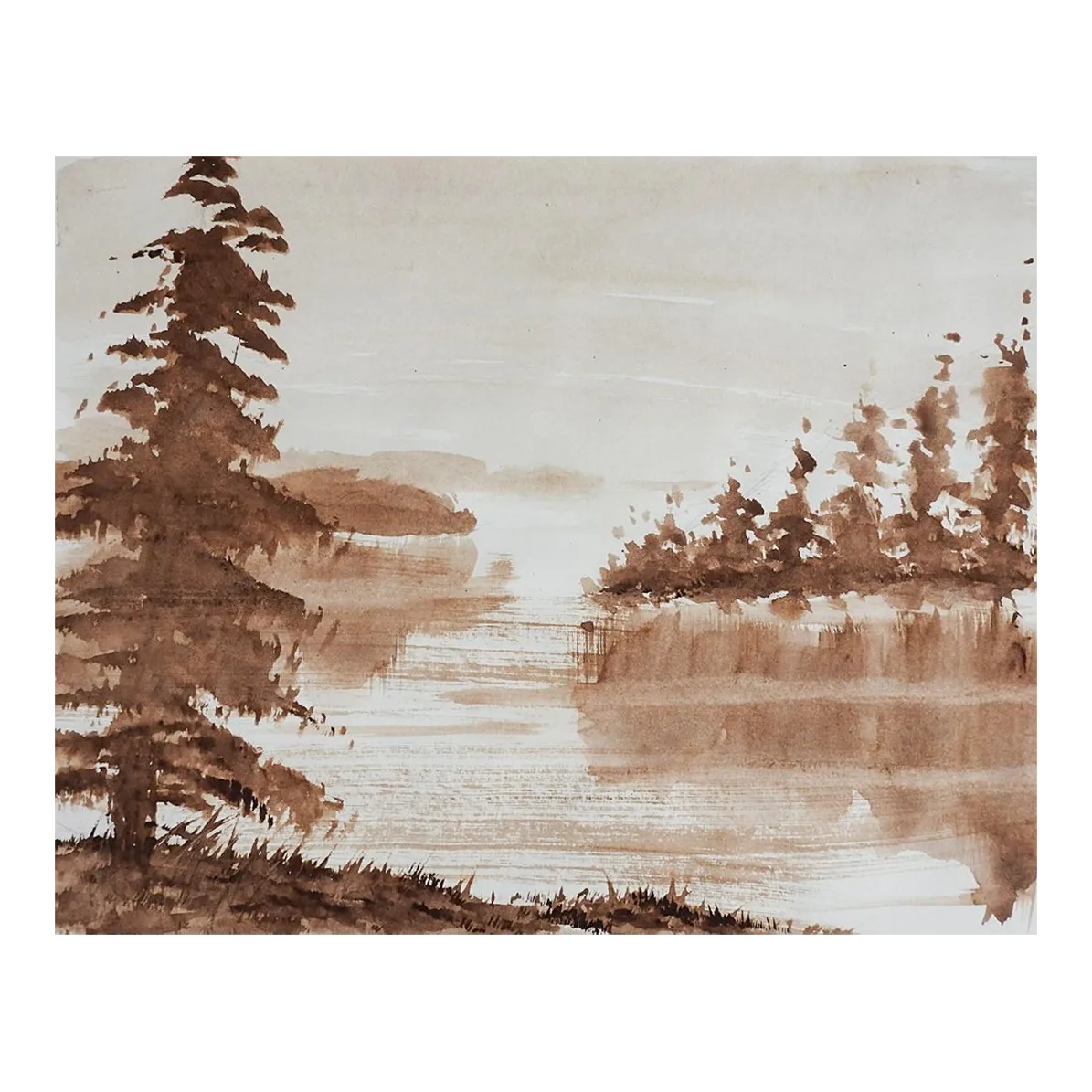 Sepia Tone Lakeside Landscape Watercolor Painting | Chairish