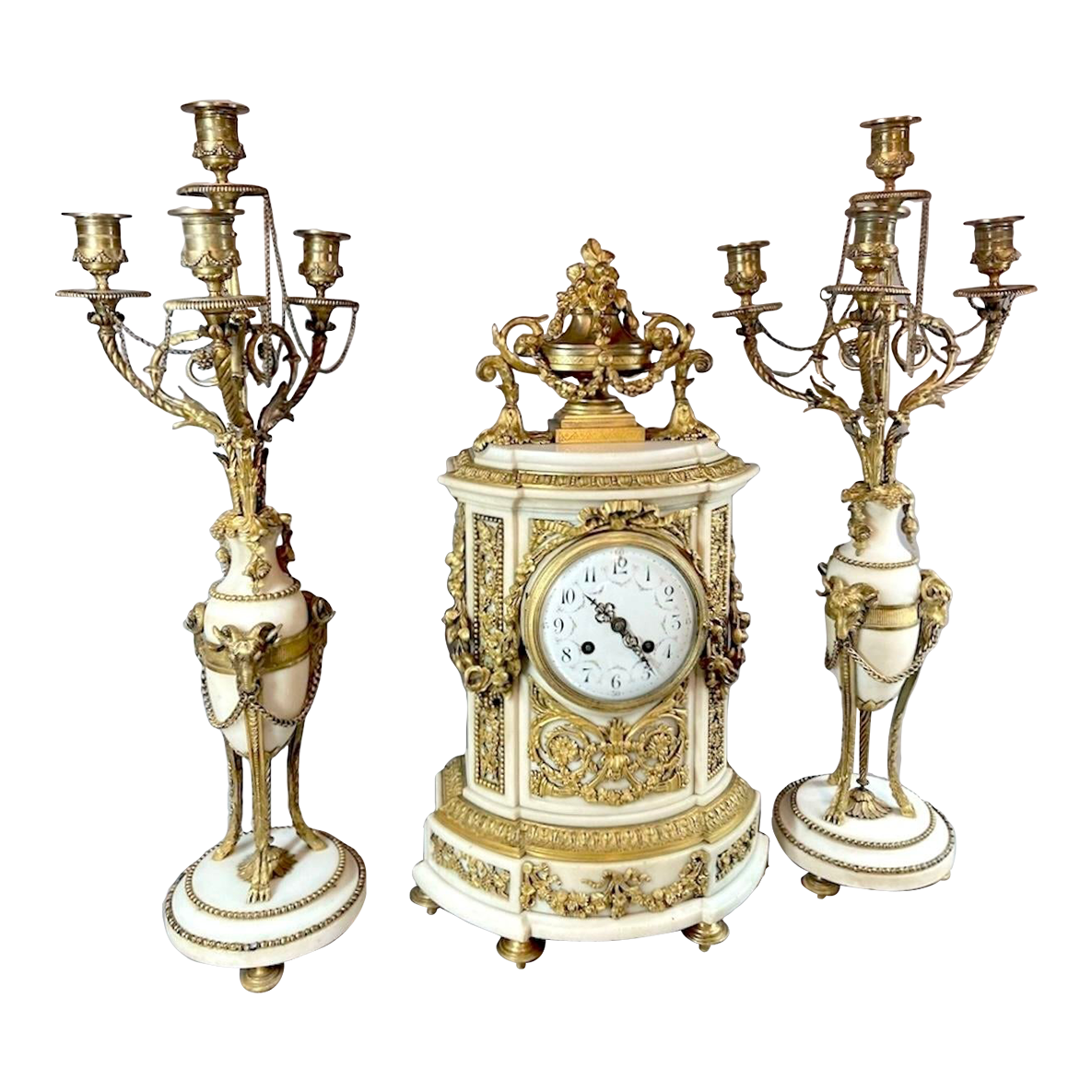 French Louis XVI Marble and Bronze Chimney Clock Set, Mid-19th Century ...