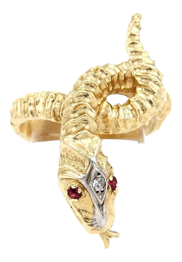 Diamond & Ruby 14k Yellow Gold Snake Ring | Chairish