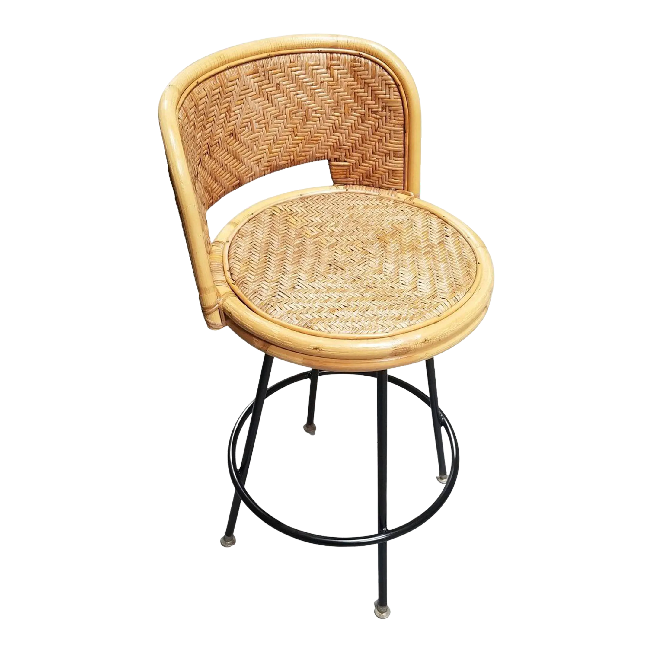 Mid 20th Century Restored Rattan & Wicker Swivel Bar Stool with Iron ...
