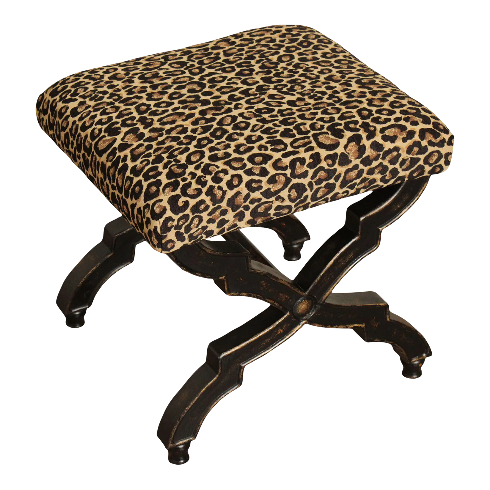 Regency Style Painted X-Frame Leopard Upholstered Ottoman Footstool ...