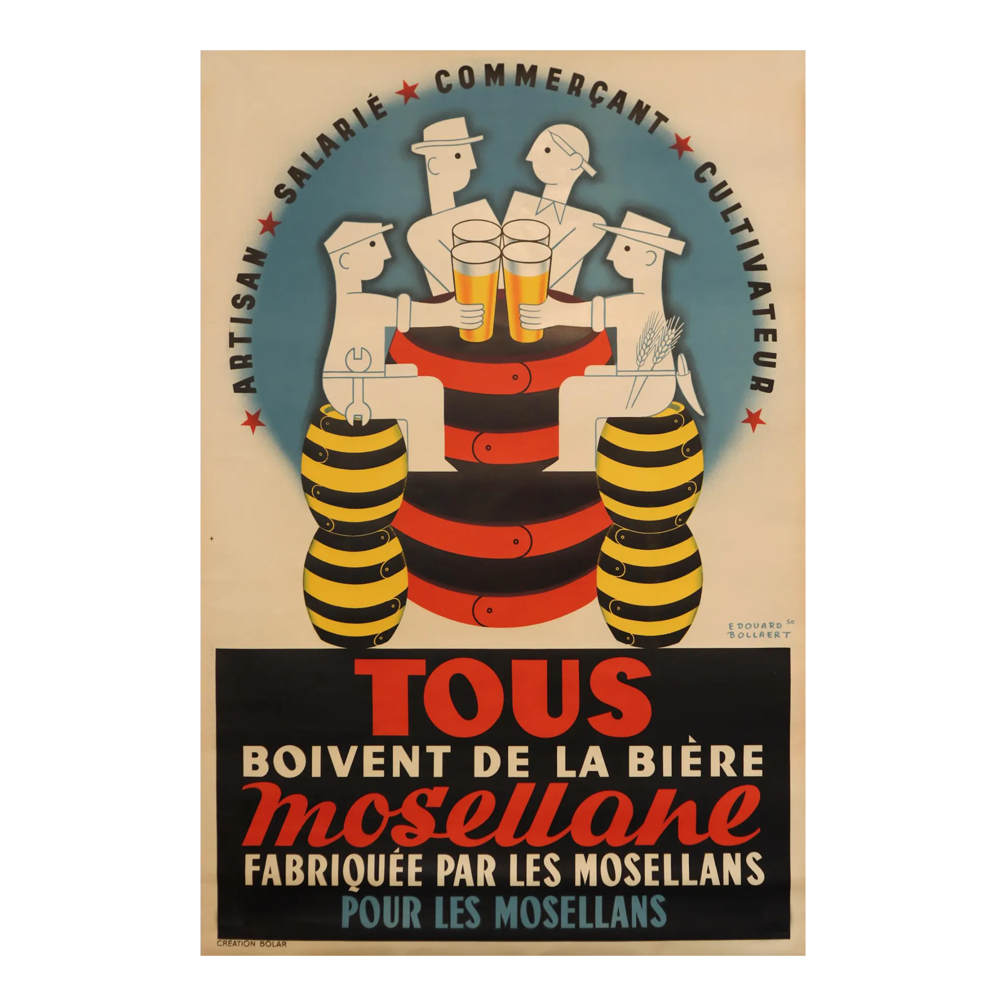 1950 French Art Deco Beer Poster "Tous Boivent De La Biere Mosellane ...