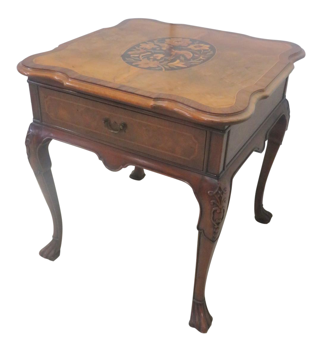 Chippendale Walnut Carved & Inlaid Side Table | Chairish