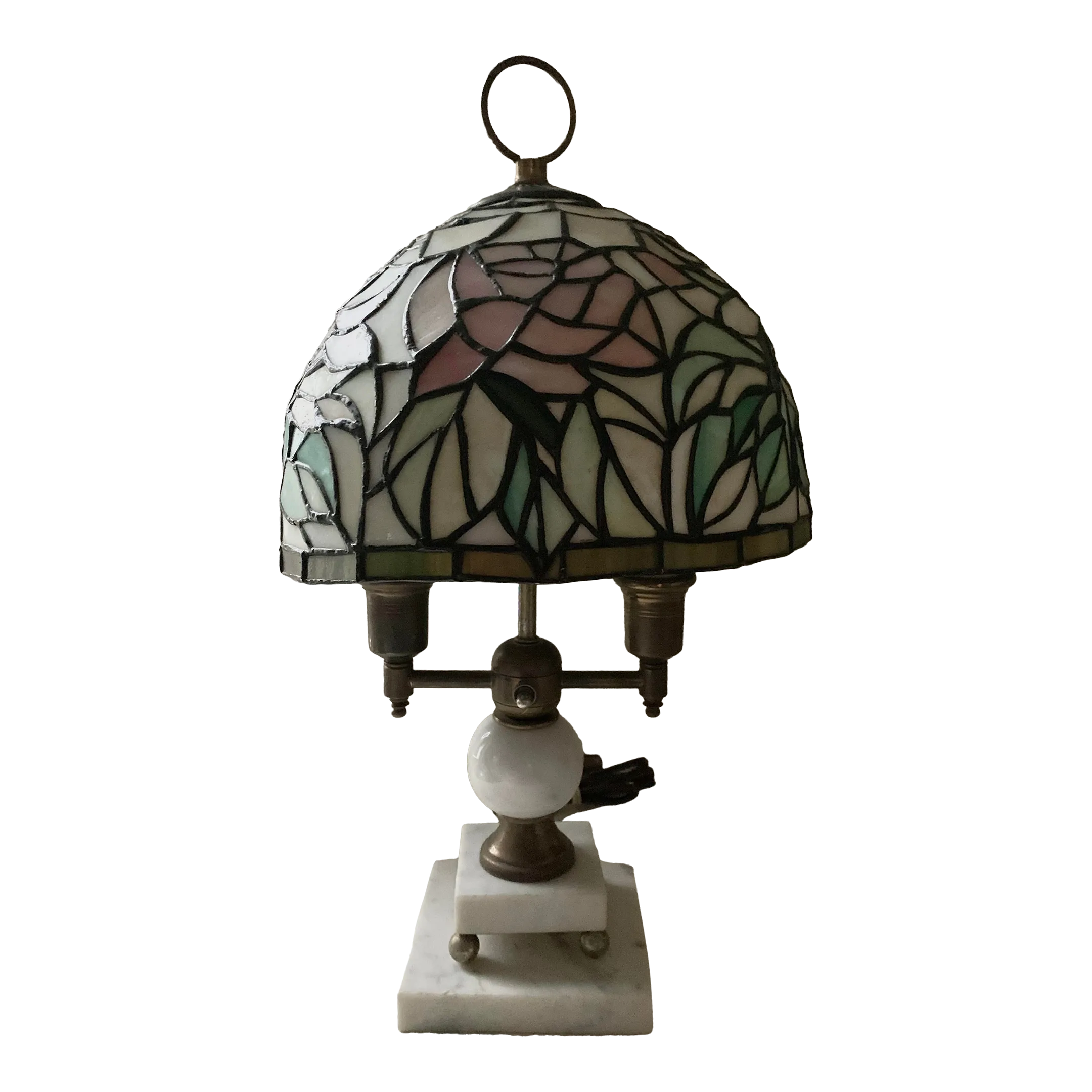 Mid-Century Tiffany Style Lamp With Marble & Brass Base | Chairish